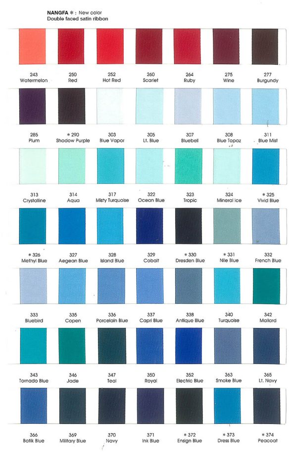 Fabric Color Chart Of Silk, Linen, Satin Ribbon, Hemp & Cotton