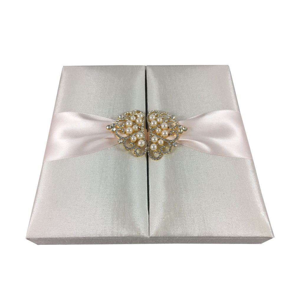 Pearl Brooch Embellished Gatefold Silk Wedding Invitation Box