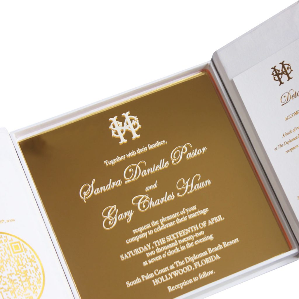 White Gatefold Invitation Box with Gold Acrylic Monogram